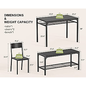 Gizoon Kitchen Table and 2 Chairs for 4 with Bench, 4 Piece Dining Table Set for Small Space, Apartment, Black