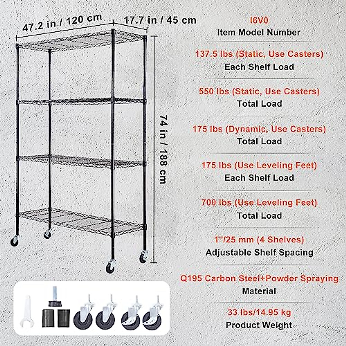 VEVOR Storage Shelving Unit, 4-Tier Adjustable Storage Shelves, 48" L x 18" W x 74" H Garage Storage Shelves, Metal Shelves with Wheels for Kitchen Pantry Basement Bathroom Laundry