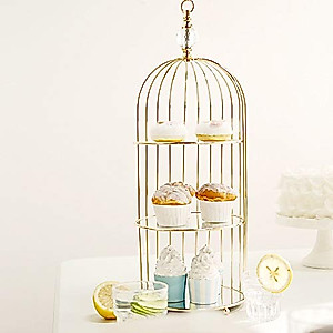 BalsaCircle 22-Inch Gold 3 Tier Metal Mirror Glass Hanging Bird Cage Dessert Cupcake Stand Wedding Reception Party Table Decorations