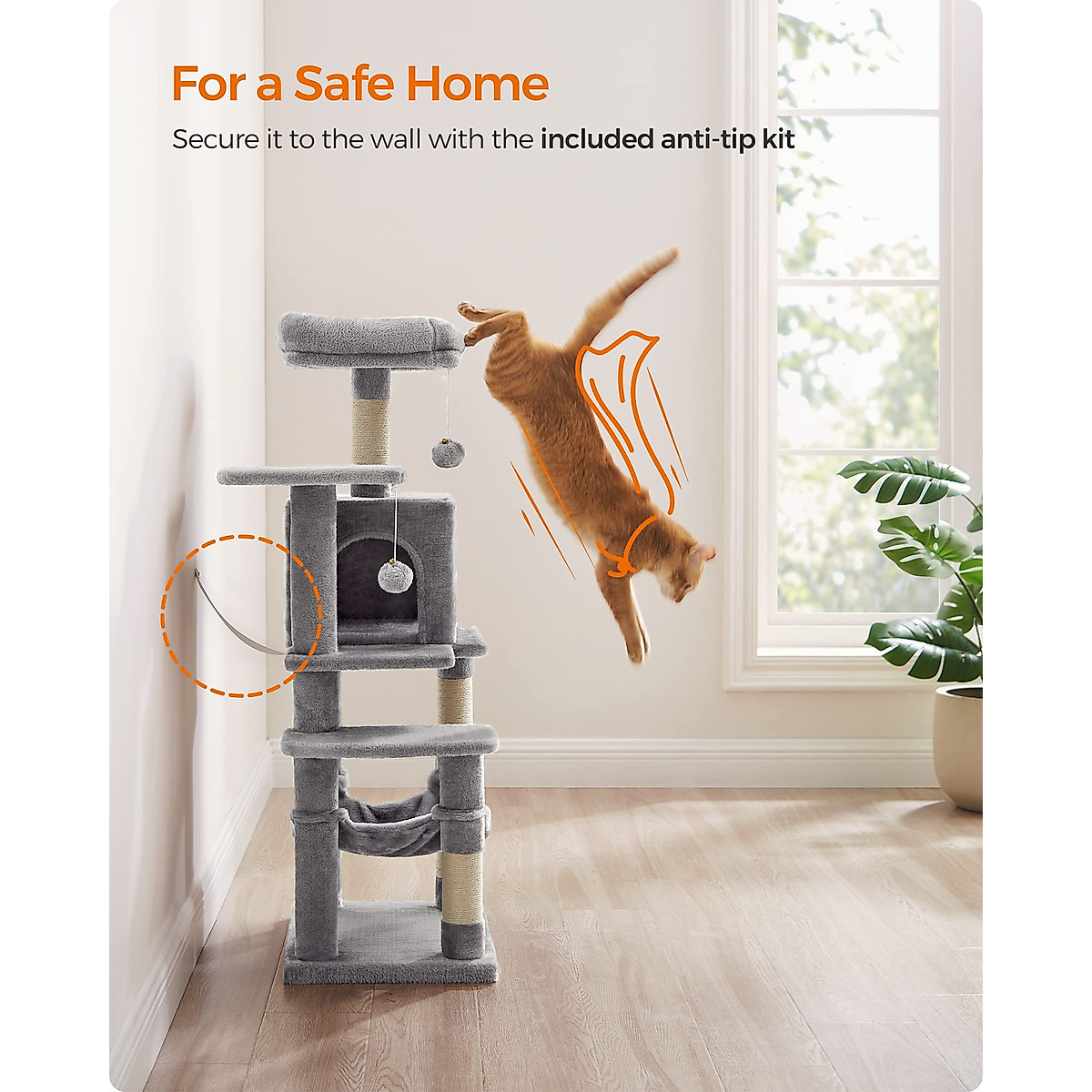 Feandrea Cat Tree, 44.1-Inch Cat Tower for Indoor Cats, Multi-Level Cat Condo with 4 Scratching Posts, 2 Perches, Hammock, Cave, Light Gray UPCT261W01