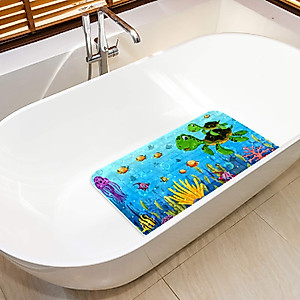 Shower Bath Mat (14.7x26.9 in) Cartoon Turtle Underwater Massage Textured Rectangle for Bathroom Showers, Tub