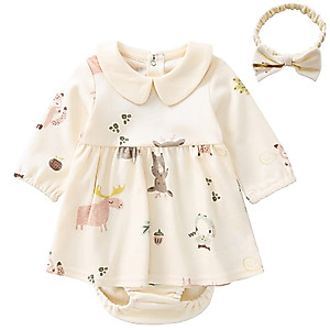 pureborn Baby Girl Dress Infant Long Sleeve Peter-pan Collar Spring Fall Cotton Playwear Dresses Beige 0-3 Months