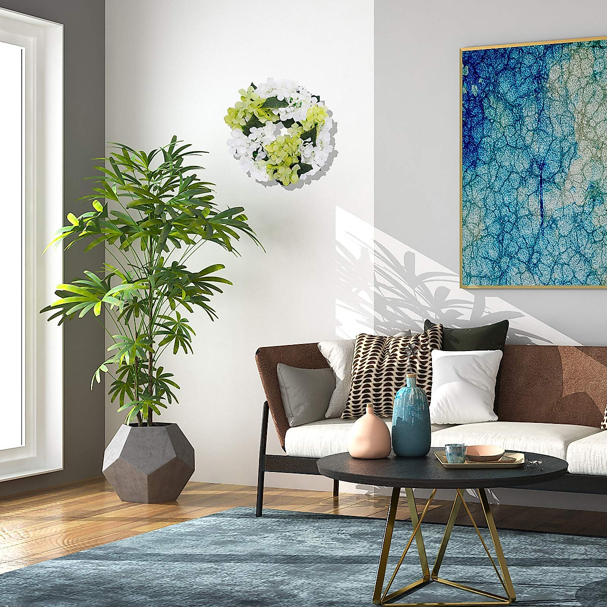 14'' Flower Wreath Small Hydrangea & Green Leaves Wreath with Real Grapevine for Front Door Windows Porch Home Window Wall Garden Decor