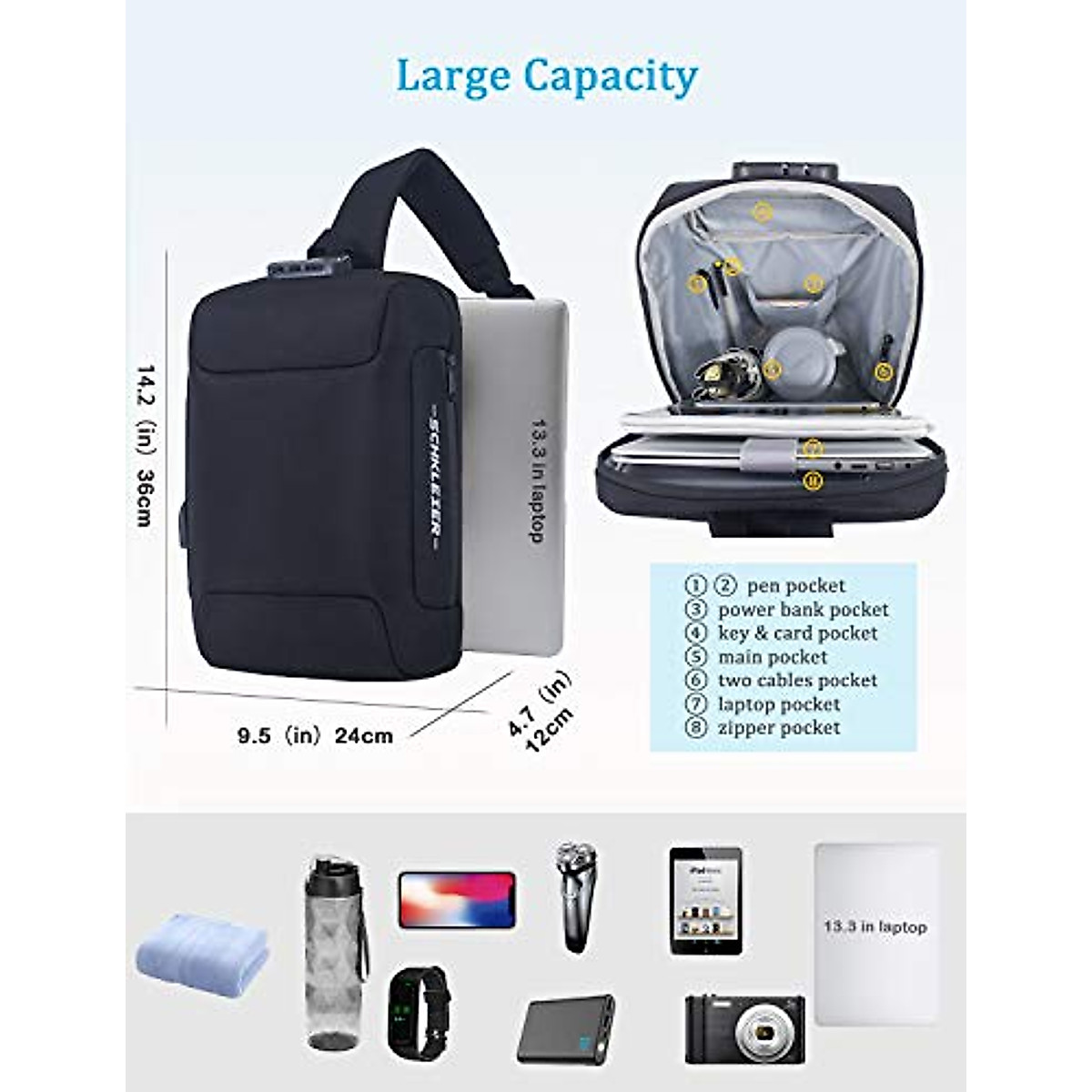 Schkleier Sling Bag USB Anti-theft Laptop Backpack, 13.3 Inch Casual Chest Shoulder Daypack for Men and Women