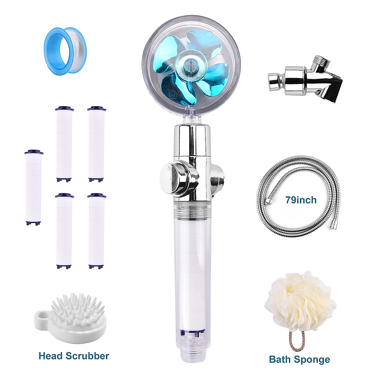 TESECU Turbo Shower Head, Modern Style, 5 Settings, 6 L/min Flow, 360 Rotation, Tool-Free Installation, ABS Material, Stainless Steel Panel, 79" Shower Hose, Bath Ball, Shampoo Comb