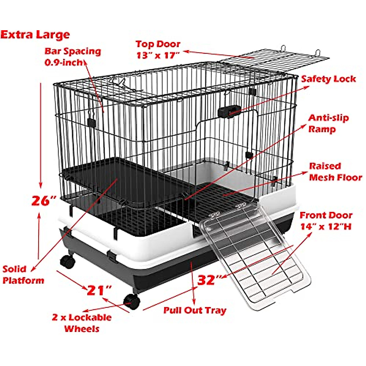 Large 2-Level Indoor Small Animal Pet Cage for Guinea Pig Ferret Chinchilla Cat Playpen Rabbit Hutch with Solid Platform & Ramp, Leakproof Litter Tray, 2 Large Access Doors Lockable Casters