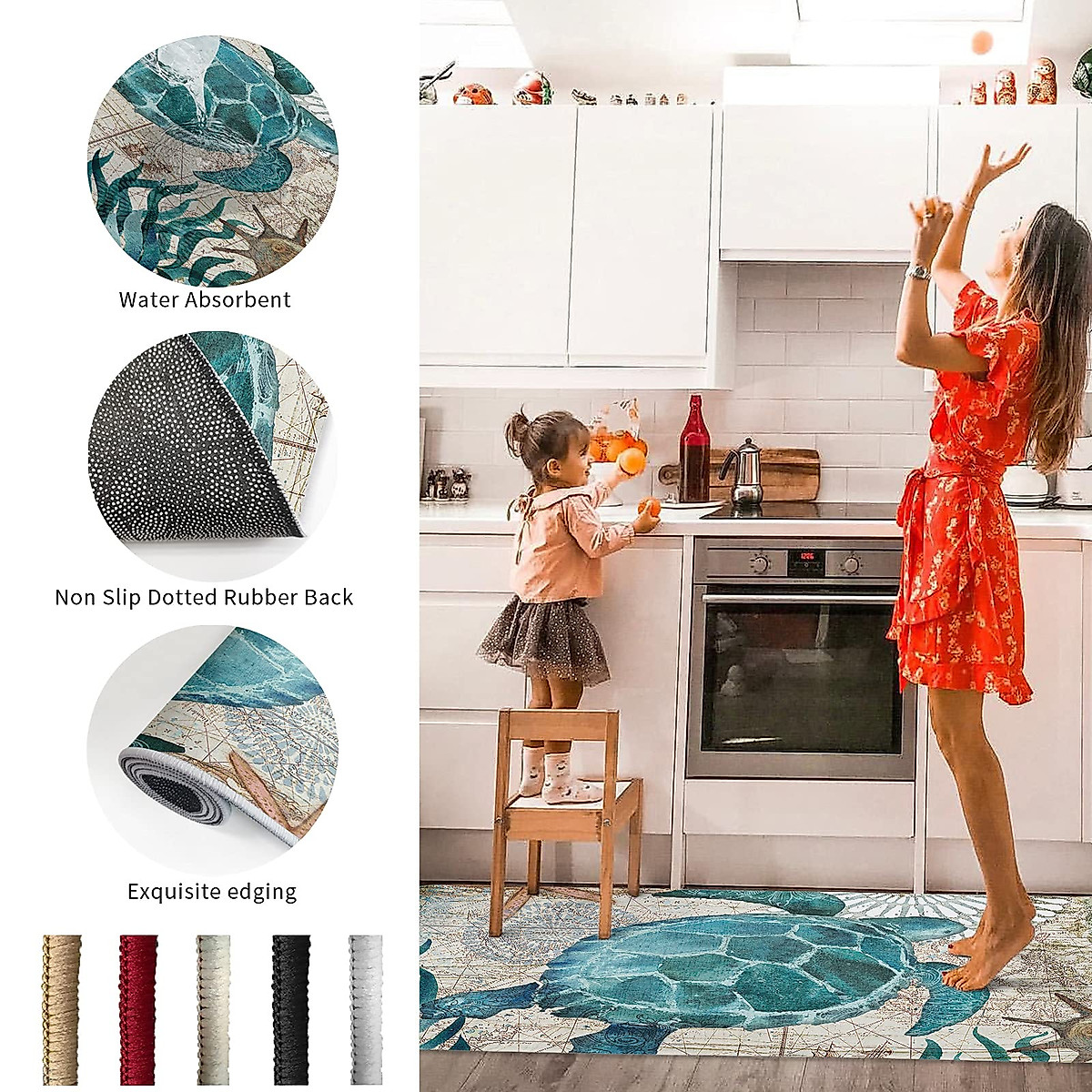 LooPoP Sea Turtle Kitchen Mats for Floor Cushioned Anti Fatigue 2 Piece Set Kitchen Runner Rugs Non Skid Washable Ocean Animal Beach Landscape Sea Theme 15.7x23.6+15.7x47.2inch