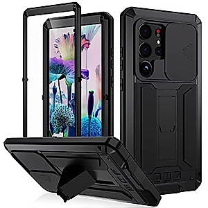 Samsung S23 Ultra case Metal Hard Armor Compatible with Galaxy S23 Ultra Phone case Cover case para with Screen Protector and Lens Protector Heavy Duty metalicas Military Grade lifeproof (Black)