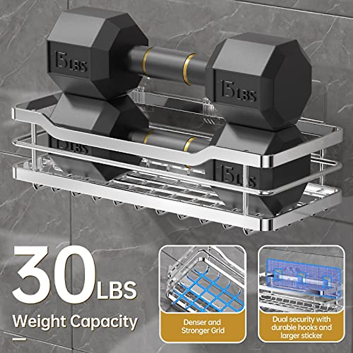 TOPCHASE Shower Caddy Shower Organizer, Adhesive Shower Shelves for Inside Shower, 3 Pack Bathroom Shampoo Holder With Soap Dish, Hooks, Large Shower Wall Organization Basket, Silver