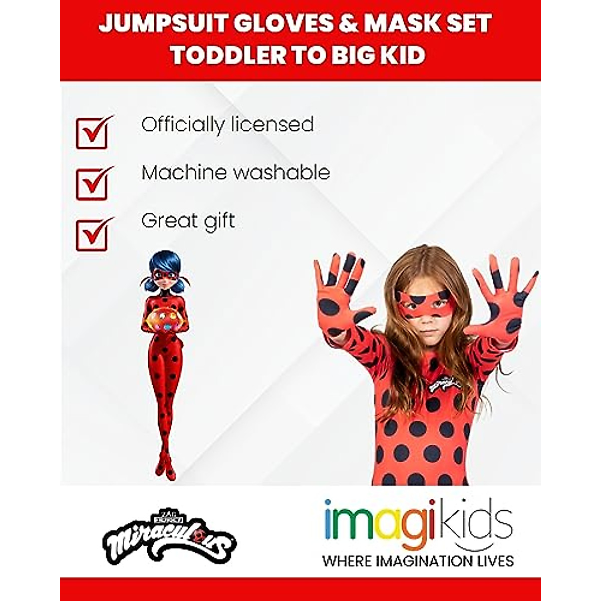 Miraculous Ladybug Big Girls Cosplay Jumpsuit Gloves and Mask 3 Piece Costume Set Polka Dots Red 10-12