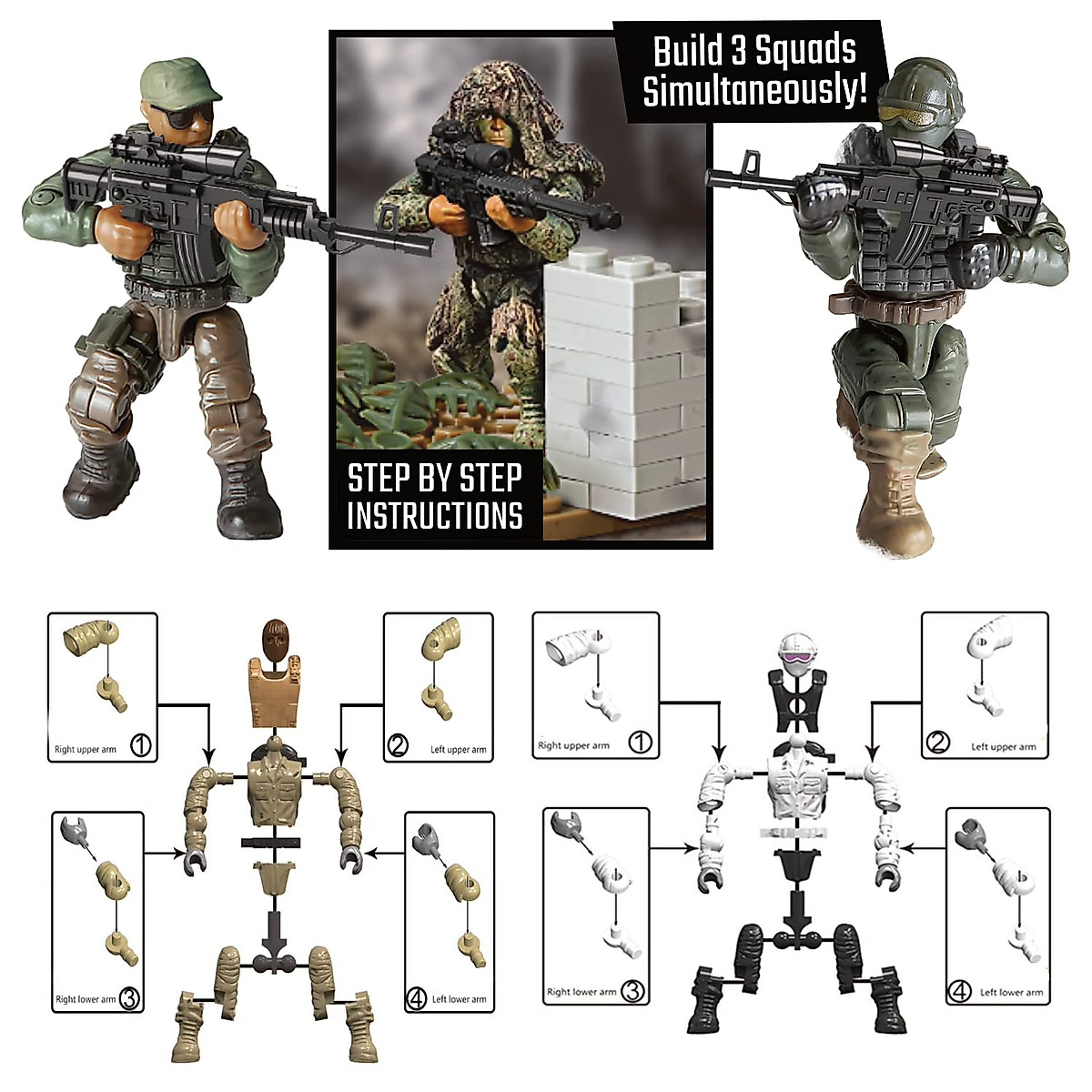 Special Forces US Military Mini Action Figures 3 Army Building Sets 9 soldiers Jungle Troopers Ghillie Suit Sniper Jungle Defence Squad Special Troops Toy10+ Kids & Parents Quality Family Time 443 Pcs