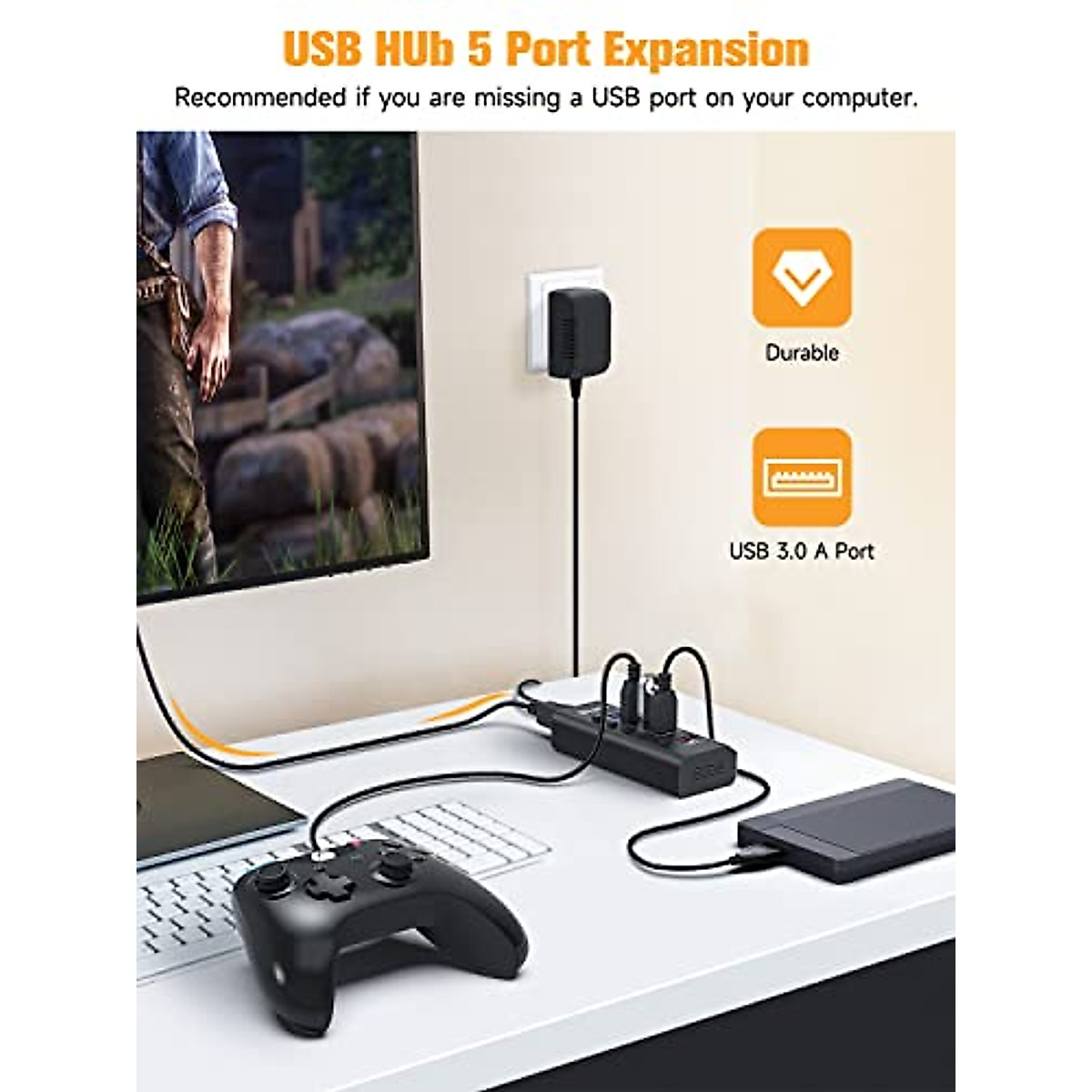 USB Hub 3.0 Powered, ikuai 5-Port Multiple USB Port Splitter, USB 3 Powered Hub, High-Speed Portable USB Port Expander, Charging Supported, 24W Power Adapter for Laptop and PC (RSW-A35B)