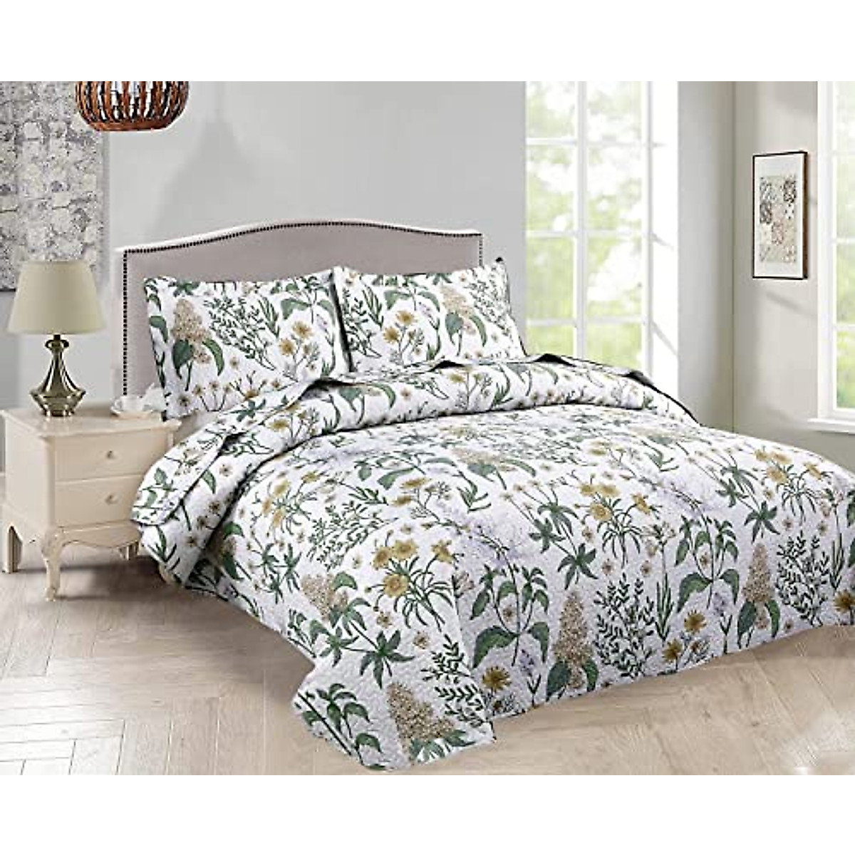 Floral Quilt Set King Size Bedspread Coverlet Green Yellow Flower Bedspread Set King Lightweight Quilt Bedding Spring Summer Floral Coverlet Soft Home Quilts Collection Bedding with 2 Pillowcases