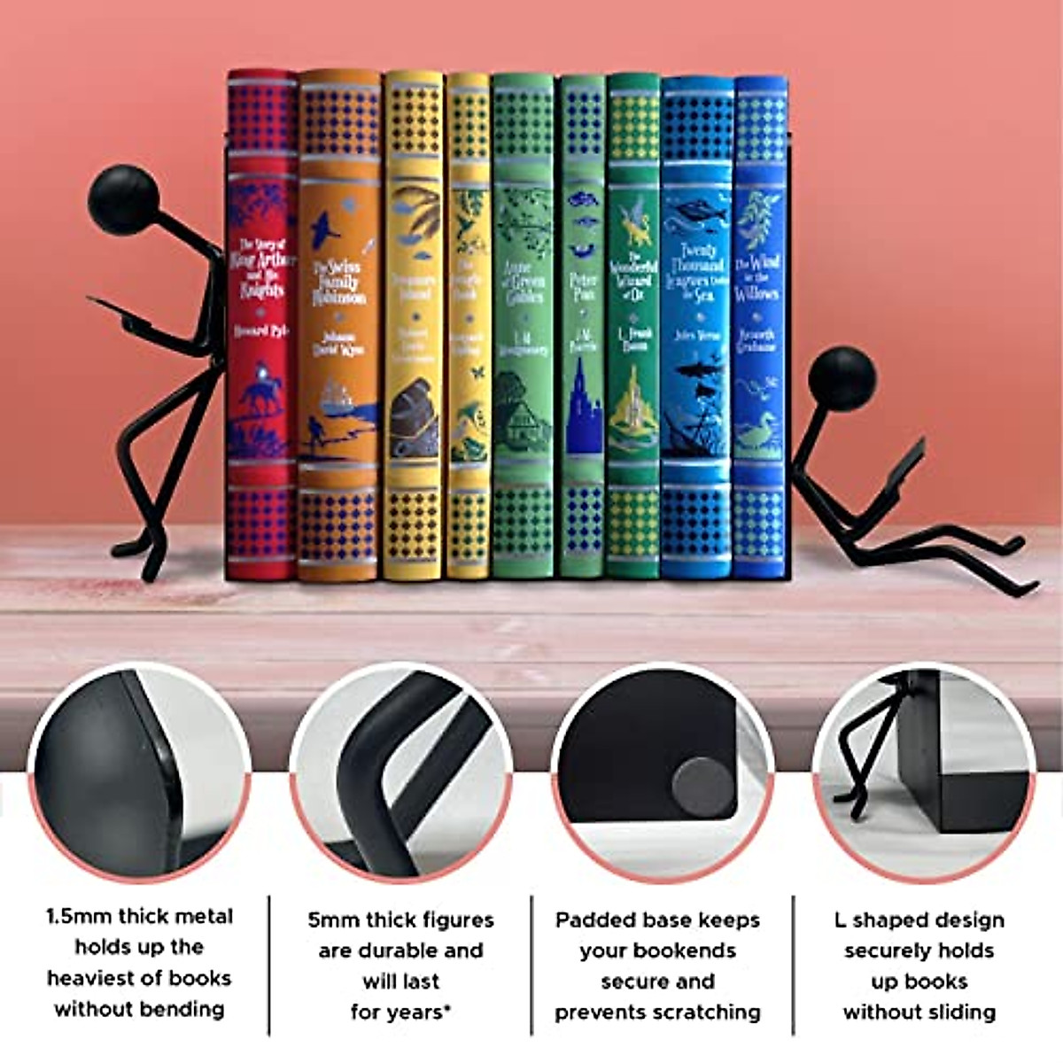 Ottimo Heavy Duty Metal Unique bookends for use as Bookshelf Decor, Home, Office or Kitchen Shelves. Unique, Cute and Decorative Book Stopper to Hold Books, Great Gift Idea (Black)