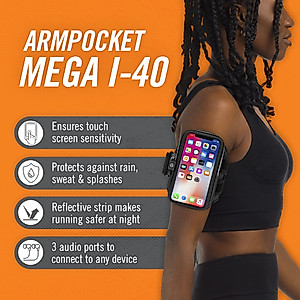 Armpocket Mega i-40 Arm Band, Phone Exercise Holder, Phone Armband for iPhone 12/13/14, 12/13/14 Pro, Galaxy S22+, Note 10, Pixel 7, & Devices w/Case Up to 6.5-Inch, 10 to 15-inch Black Medium Strap