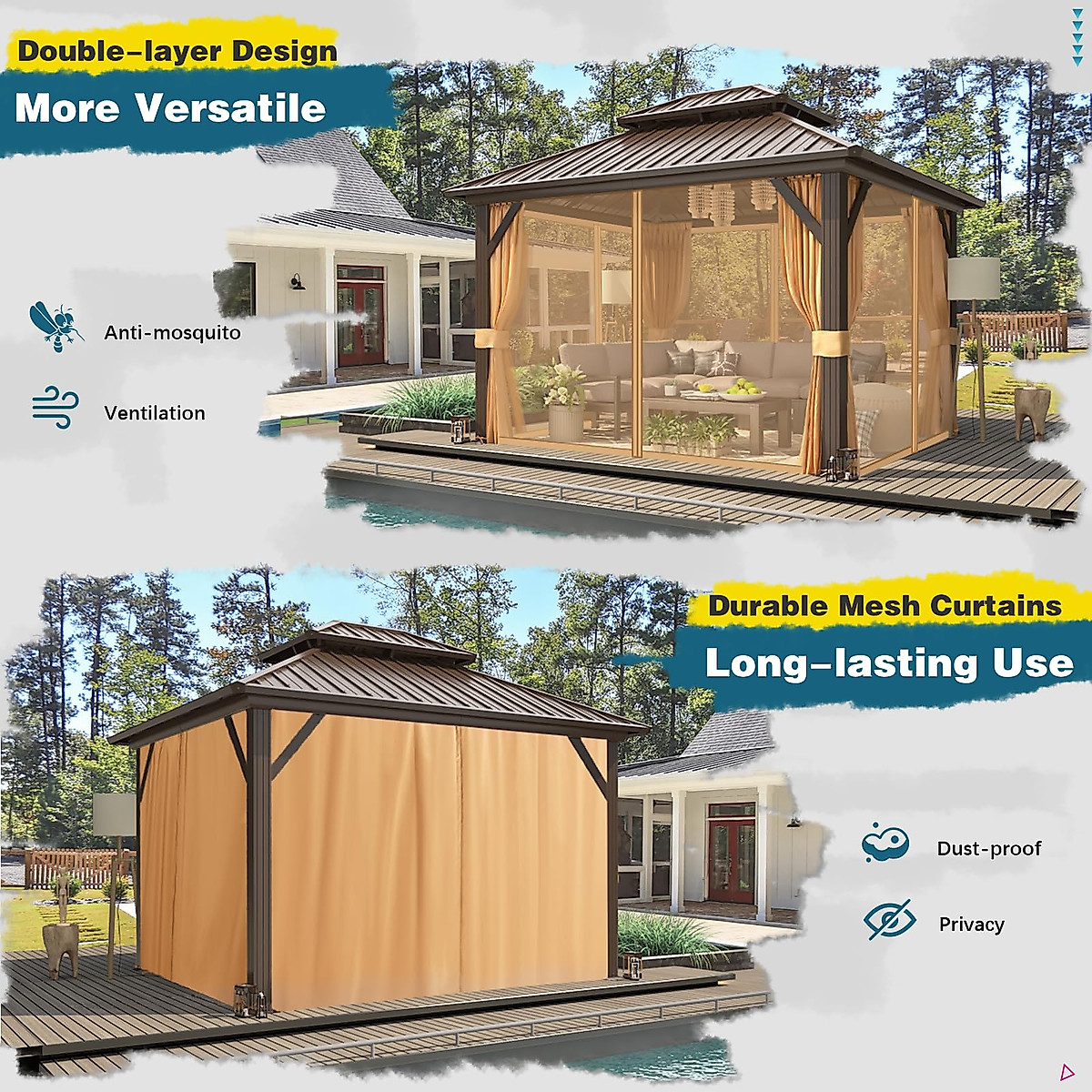 MELLCOM 10'x12' Hardtop Gazebo, Metal Double Roof Aluminum Gazebos with Curtain and Netting,Brown Permanent Galvanized Steel Pavilion for Patio, Lawn & Deck