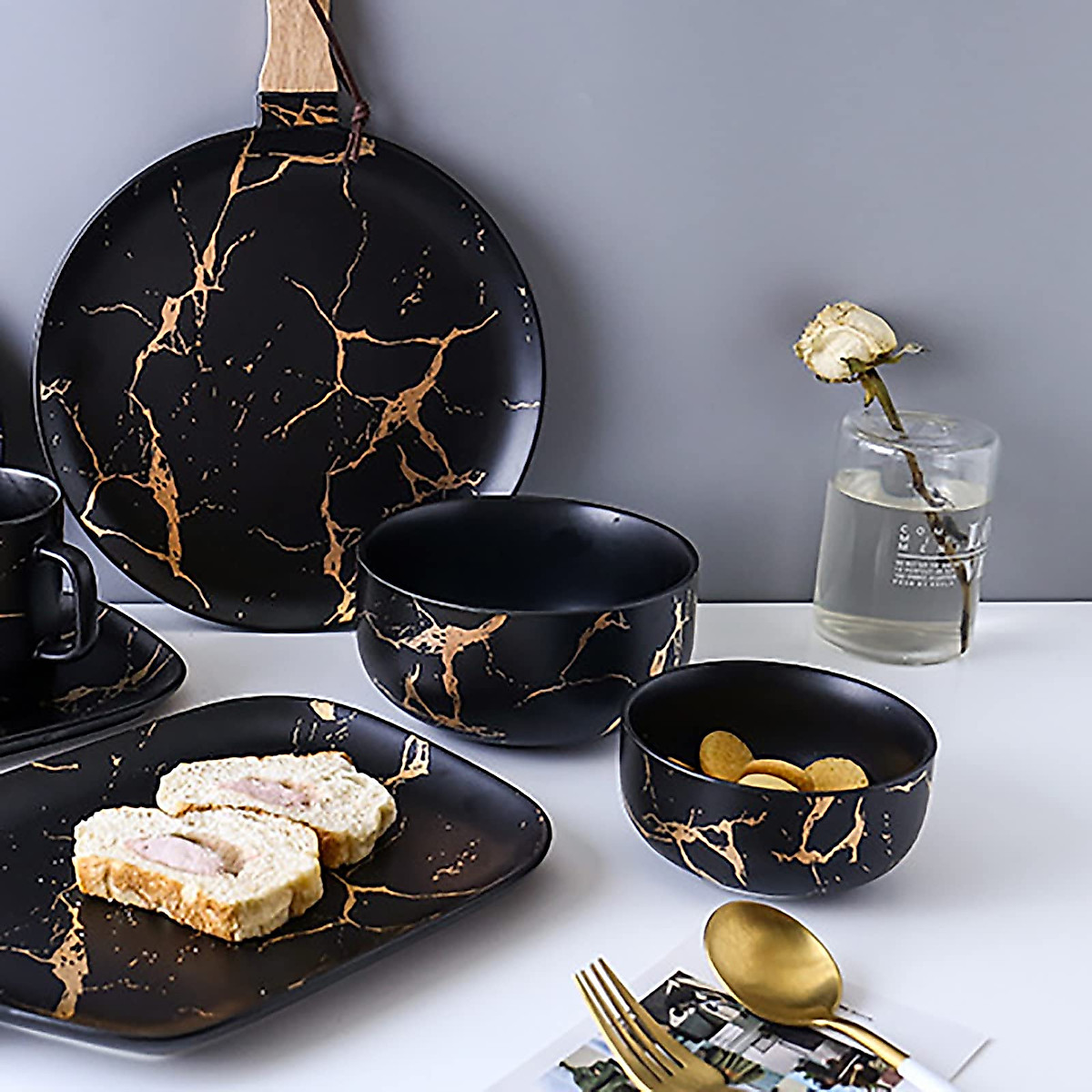 Set of 4 Gold Marble Soup Bowls Ceramic Cereal Bowl Marble Soup Bowl 17 OZ Ceramic Rice Bowl Luxury Gold Inlay Dessert Bowl (Black-4)