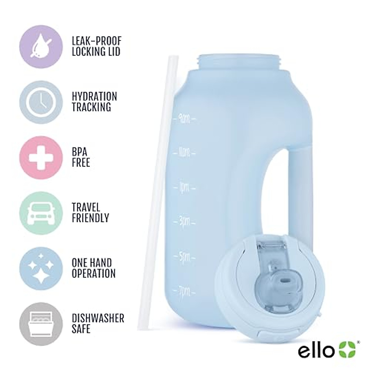 Ello Hydra 64oz Half Gallon Water Jug with Handle and Motivational Time Markers for All Day Hydration, Plastic Reusable Water Bottle with Straw and Locking, Leak Proof Lid, BPA Free, Halogen Blue