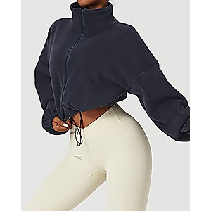 QINSEN Women's Full Zip Fleece Jacket Stand Collar Winter Warm Cropped Outwear Baggy Sherpa Short Coat Navy L