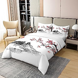jejeloiu Japanese Style Cotton Duvet Cover Set King Set Exotic Fuji Mountain Printed Bedding Set Girls Women Men Cherry Blossom Comforter Cover Soft Cotton Soft Red Floral Bedspread Cover with Ties