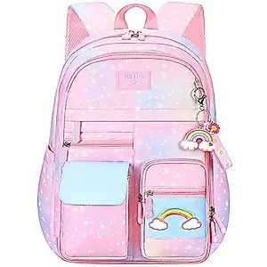 School Backpack for Girls, Lightweight Waterproof Cute Rainbow School Bookbag for Teen Kids Students Elementary (Rainbow Pink)