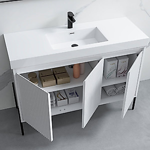 Dowell 48" Fluted Design Vanity Set – Modern Glossy White Bathroom Cabinet with Soft-Close Doors & Shelves, Single Resin Basin, and Black Legs | 002 48 21KD/4818BPS