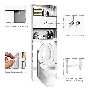 Giantex Over The Toilet Storage Cabinet w/Three-Layer Shelf & Two Doors, Landing Over Toilet Space Saver, Home Compact Wooden Tower Rack, Freestanding Bathroom Organizer, Easy Assembly, White