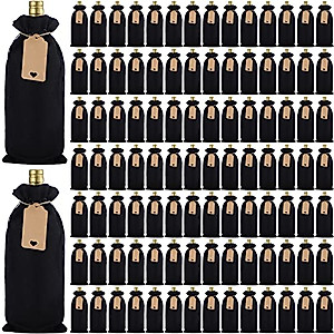 Nuogo 100 Pcs Black Burlap Wine Bag with Drawstring Bulk Reusable Gift Bags, Bags for Bottles Gifts Bottle Tags Wedding Birthday Blind Tasting Christmas Party Home