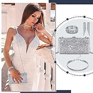 Jadive 4 Pcs Rhinestone Clutch Purses for Women Evening, Prom Purse Sparkly Bag Diamond Purse Handbag Glitter Evening Bag Jewelry Set for Formal Prom Parties Cocktail Banquet Wedding (Silver)