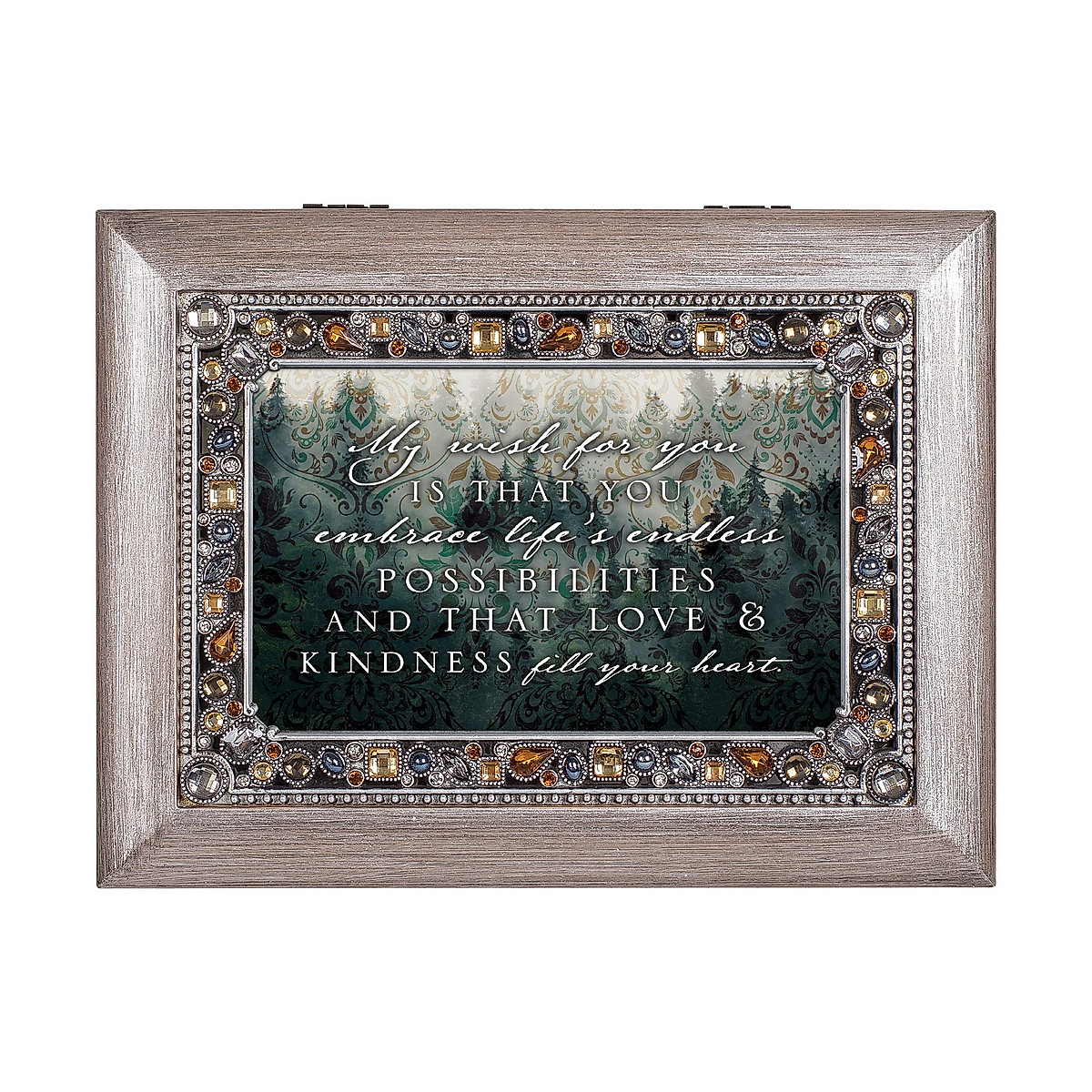 Cottage Garden My Wish for You Grey Brushed Pewter Jeweled Music Box Plays Tune You Light Up My Life