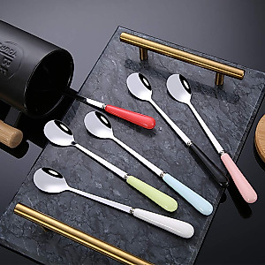 Goeielewe 3PCS Mixing Spoons for Coffee, Dessert, Ice Cream, Milkshake, Stainless Steel Iced Teaspoon with Ceramic Handle Tablespoons Espresso Cocktail Stirring Spoons, 6.8-Inch (Pink)