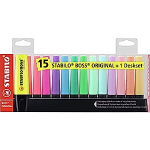 STABILO BOSS Original Fluorescent and Pastel Highlighters – Deskset of 15 Assorted Colours
