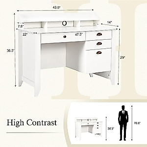 White Desk with Drawers and Hutch, White Desk Wooden Executive Desks with Storage Shelf, Writing Desk with File Drawer, Home Office Desk, for Small Space, White