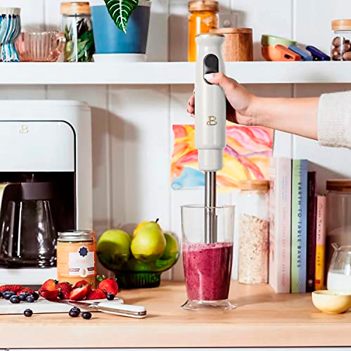Beautiful Immersion Blender with 500ml Chopper and 700ml Measuring Cup, by Drew Barrymore (White Icing)