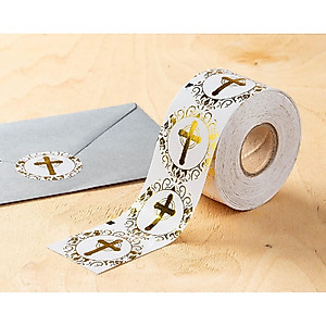 500 Count Religious Stickers - Gold Foil Cross Sticker, 1.5 inch Cross Design Round Labels with Gold Foil Finish, Envelope Seals, Easter Themed Party Favors
