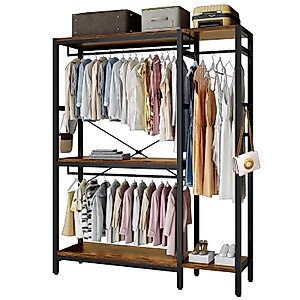 ZERDER Clothes Rack, Heavy Duty Garment Rack for Clothes, Clothing Racks with Shelves and 4 Side Hooks, Freestanding Metal Wooden Closet Organizer (Rustic Brown)