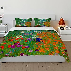 RIVINE Country Style Duvet Cover Set 3 Pieces Gustav Klimt Flower Garden Colorful Plant Microfiber for Bedding Set with 2 Pillow Shams Queen