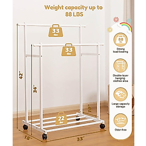 Cozivolife Kids Clothing Rack Bamboo with 2 Hanging Rods and 4 Hooks, Kids Dress Up Rack on Wheels, Small Child Garment Rack for Playroom,Toddlers Bedroom (White)