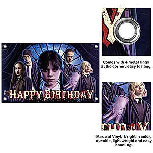 Wednesday New Addams Party Supplies, Happy Birthday Backdrop for Wednesday Party Decorations, 5 x 3FT Birthday Banner for Girls Boys Kids Birthday Party Decor