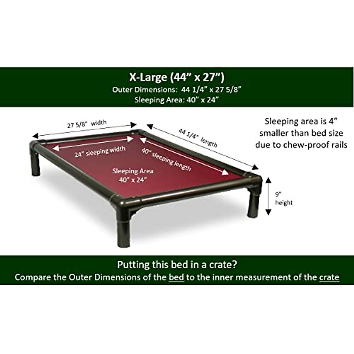 Kuranda Elevated Indoor Bed - Walnut PVC - X-Large - 44" x 27" - Cordura - Burgundy