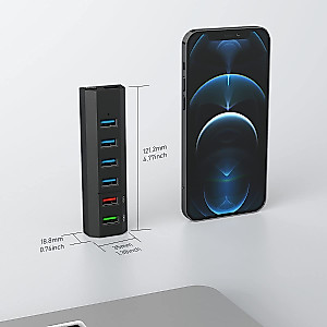 USB Hub, Aiibe 6 Ports Super High Speed USB 3.0 Hub Splitter + 24W Power Adapter + USB 3.0 Cable, Black Smart Fast Charger Powered USB Hub for Laptop, Mac, PC, Mobile HDD, Mulitple Devices