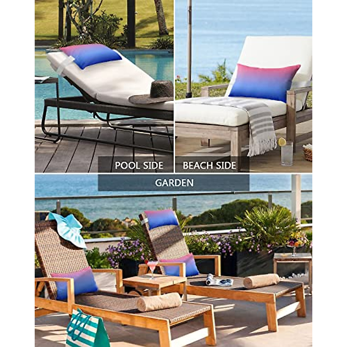 Recliner Head Pillow Ledge Loungers Chair Pillows with Insert Pink Blue Gradient Lumbar Pillow with Adjustable Strap Outdoor Waterproof Patio Pillows for Couch Beach Pool Office Chair, 2 PCS