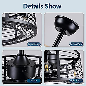 Dannilong Ceiling Fans with Lights - Modern Enclosed Ceiling Fan Indoor with Remote Control, Black Caged Industrial Ceiling Fan Light Kit for Living Room, Bedroom, Kitchen (Stripped)