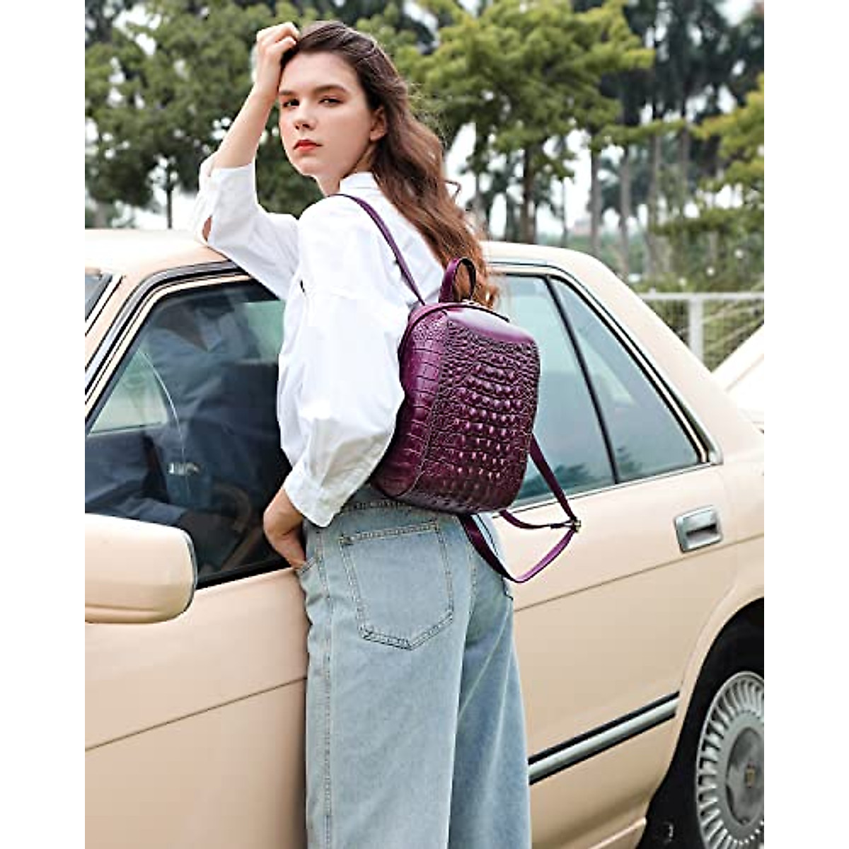 Small Leather Backpack Purse for women Crocodile Designer Fashion Bag (Purple)