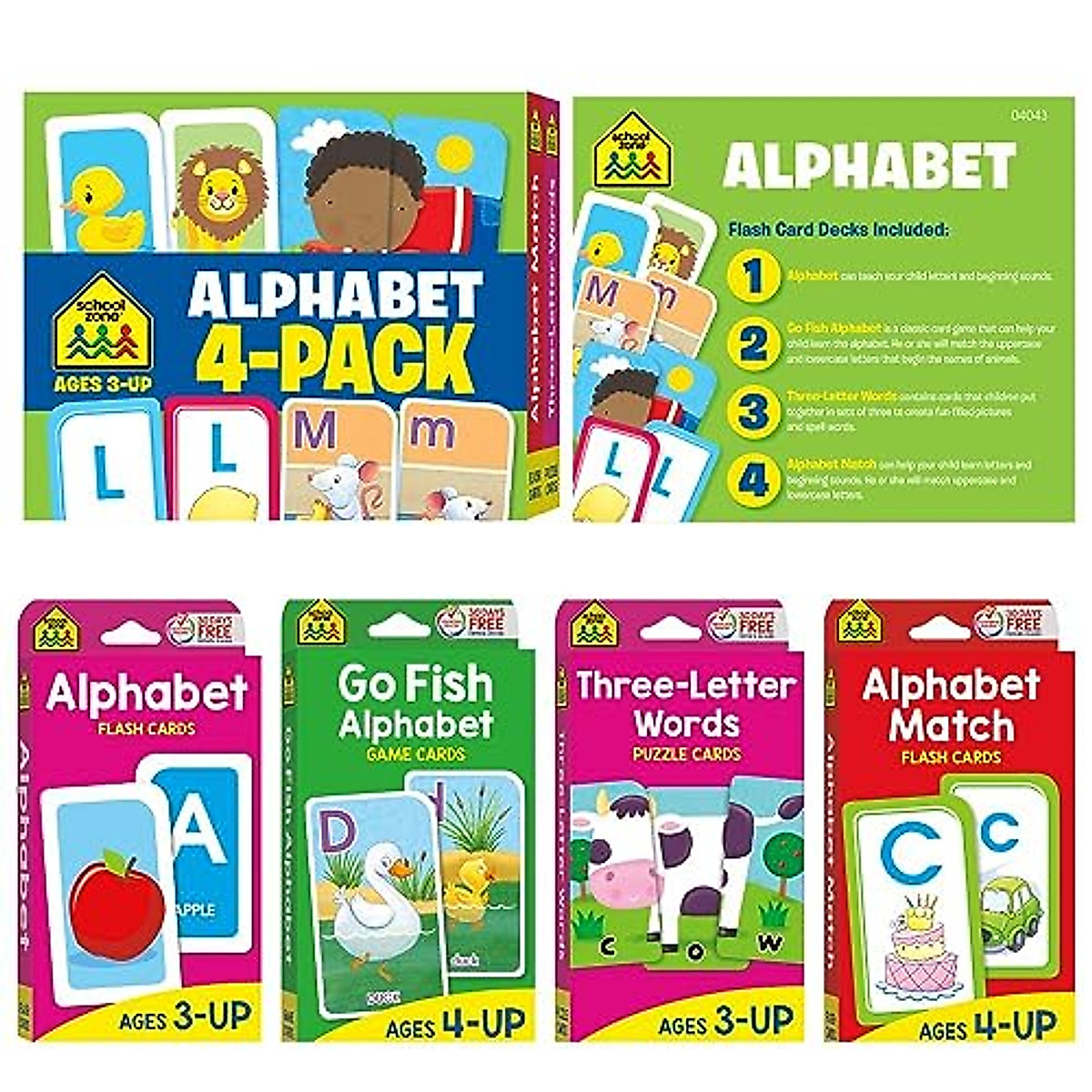 School Zone - Alphabet 4-Pack Flash Cards - Ages 3+, Preschool, Kindergarten, Go Fish Alphabet, Three-Letter Words, Alphabet Match, Lowercase & Uppercase Letters, Letter-Picture Recognition, and More