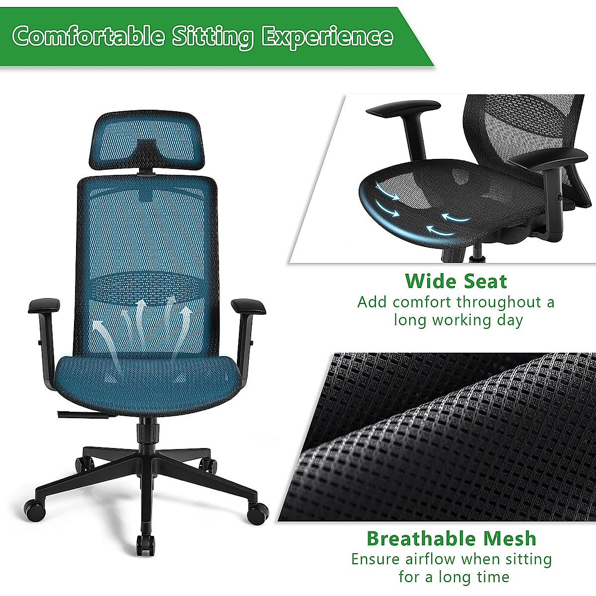 BestComfort High Back Mesh Office Chair, Ergonomic Executive Chair with Adjustable Reclining Angles, Lumbar Support, Headrest, Armrest, Swivel Rolling Computer Desk Chair with Coat Hanger (Black)