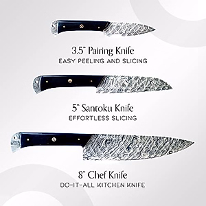 Breliser 3-Piece Full Diamond-Hammered Damascus Knife Set, Wenge Handle - Chef, Santoku, Paring - Leather Knife Roll - Knife Care Kit