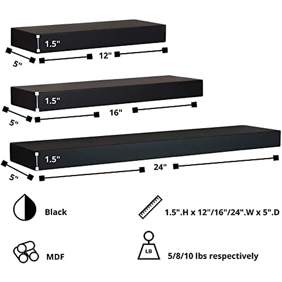 kieragrace Modern Floating-Shelves, Pack of 3, Black, 3 Count