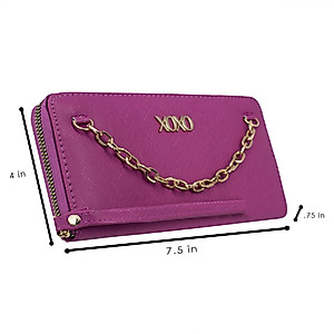 XOXO Women’s Wallet Small Magenta Saffiano Leather Sleek Zip Around With Chain And Wristlet