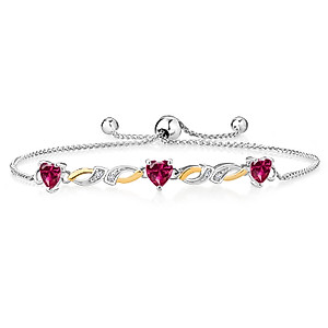 Gem Stone King 925 Sterling Silver and 10K Yellow Gold Red Created Ruby and White Lab Grown Diamond Heart Shape Tennis Bracelet For Women (1.83 Cttw, Fully Adjustable Up to 9 Inch)